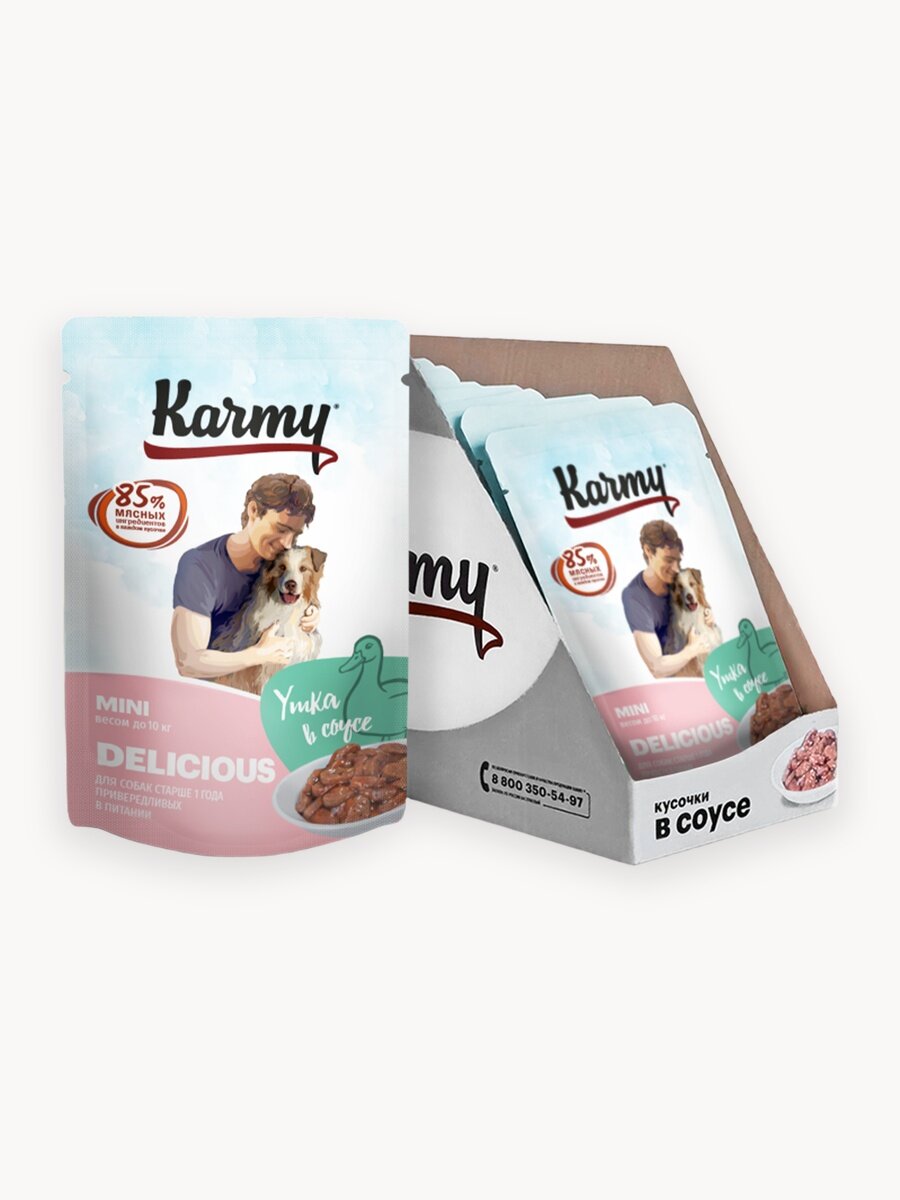 Влажный корм Karmy Mini Delicious для привередливых собак мелких пород старше 1 года Утка в соусе 12шт./80гр