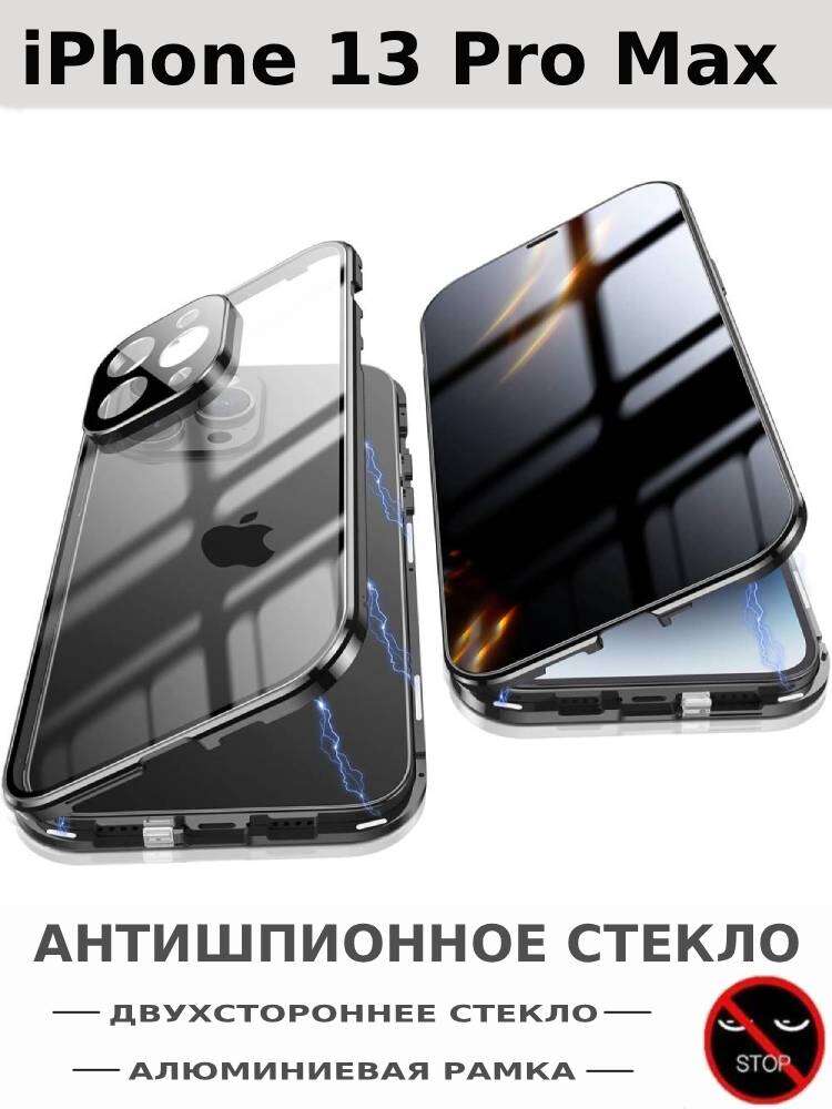 Чехол для iPhone 13 Pro Max, Антишпионский и Двустороннее стекло, Алюминиевая рамка и Магнитный, Чёрный