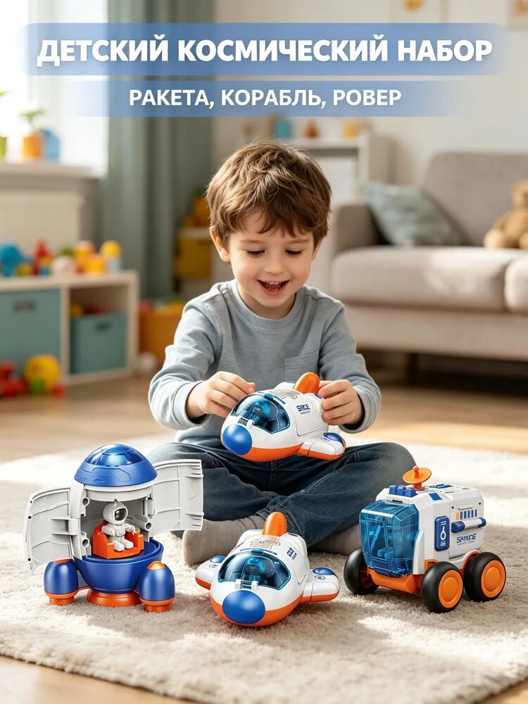 Игровой набор Космический корабль в сине-оранжевом цвете с ракетой, луноходом, фигурками космонавтов и фрикционным механизмом подвижные элементы, открывающаяся кабина, для детей от 3 лет.