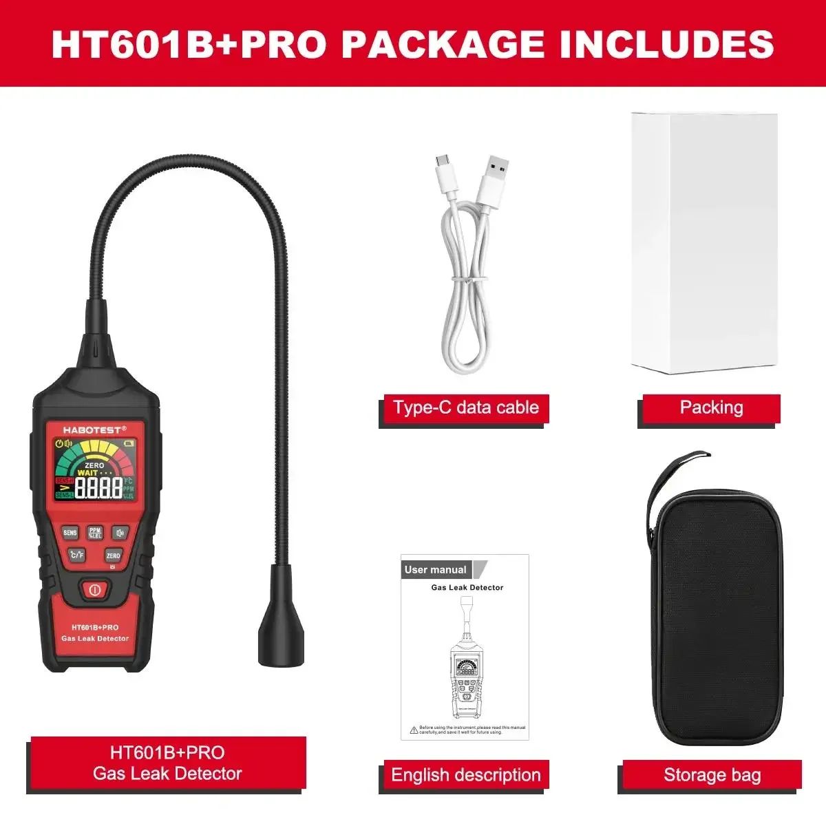 HABOTEST HT601B+PRO Детектор утечки газа, детектор природного метанового газа, гибкий зонд