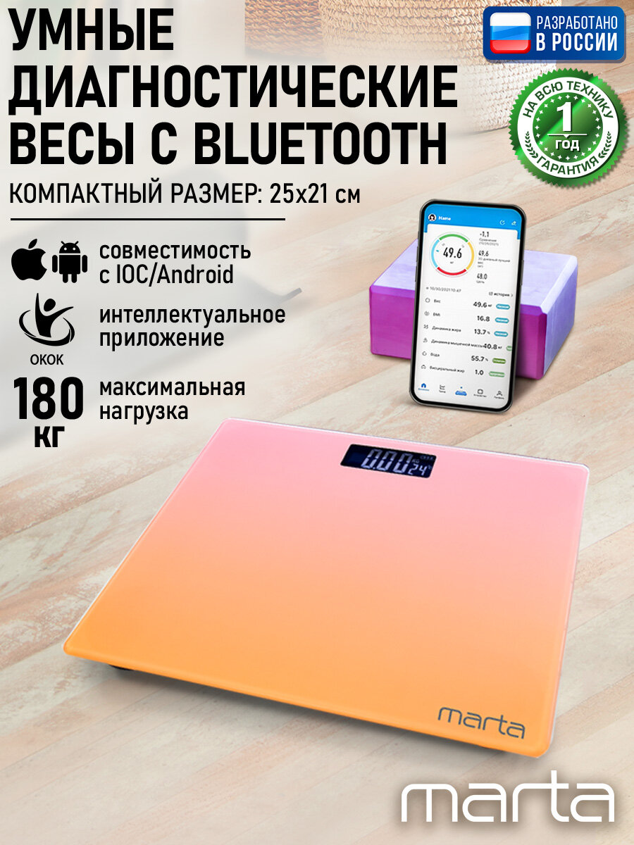 Весы напольные умные MARTA MT-SC1691, Android/iOS, стекло, оранжево-розовый