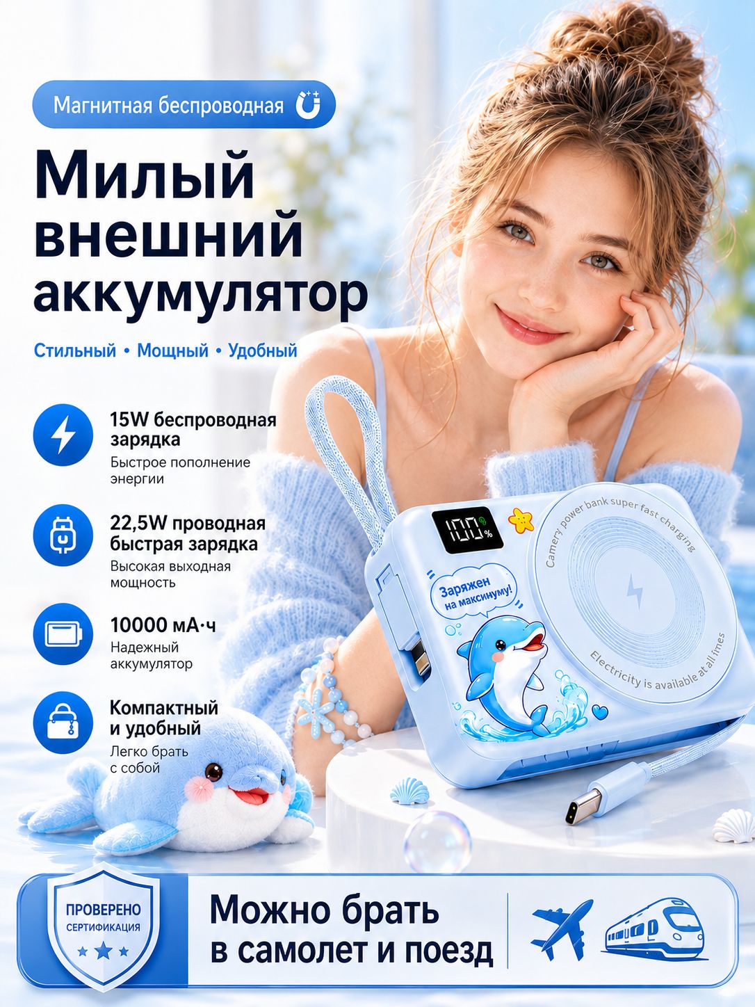 CCC Магнитный внешний аккумулятор 10000 мАч 22.5W, повербанк с беспроводной зарядкой MagSafe, компактный