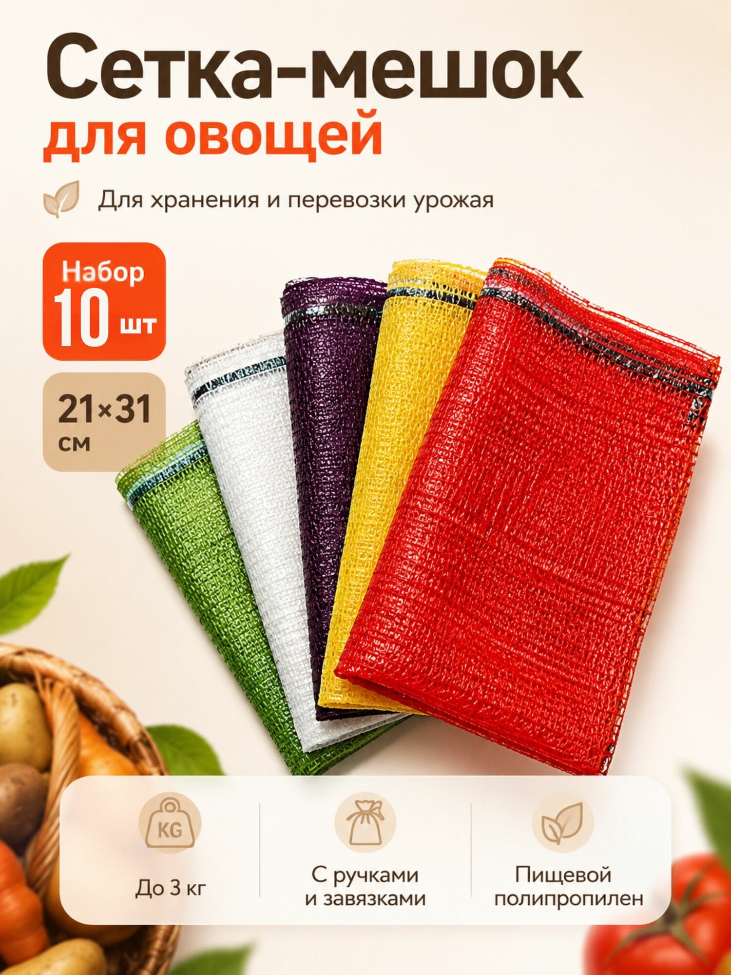 Сетка-мешок для овощей 10 шт, 21х31 см (до 3кг) с завязками и ручками, цвет в aсcортимeнте, полипропилен. Легкая авоська для переноски и хранения различных продуктов питания