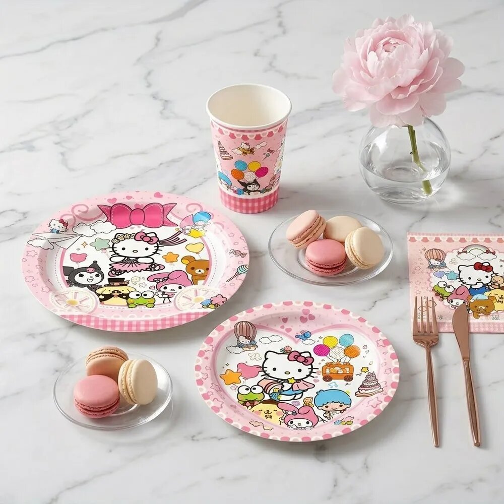 50 шт Набор одноразовой посуды Hello Kitty (тарелки, стаканчики, салфетки) для детских праздников, дня рождения и различных вечеринок