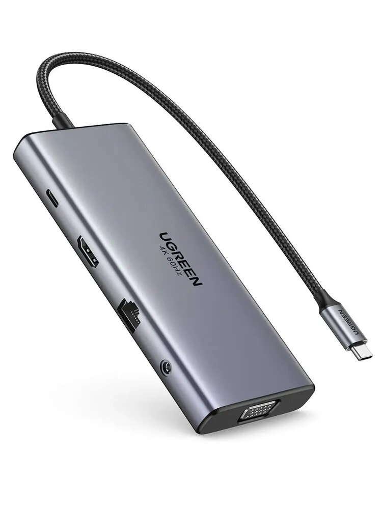 Конвертер UGREEN CM639 (45520) 11-in-1 4K@60Hz 2xUSB-C 3.2+USB-A 3.2+USB-A 3.0+HDMI+VGA+RJ45 Gigabit+SD/TF+AUX3.5mm+PD Converter, серый