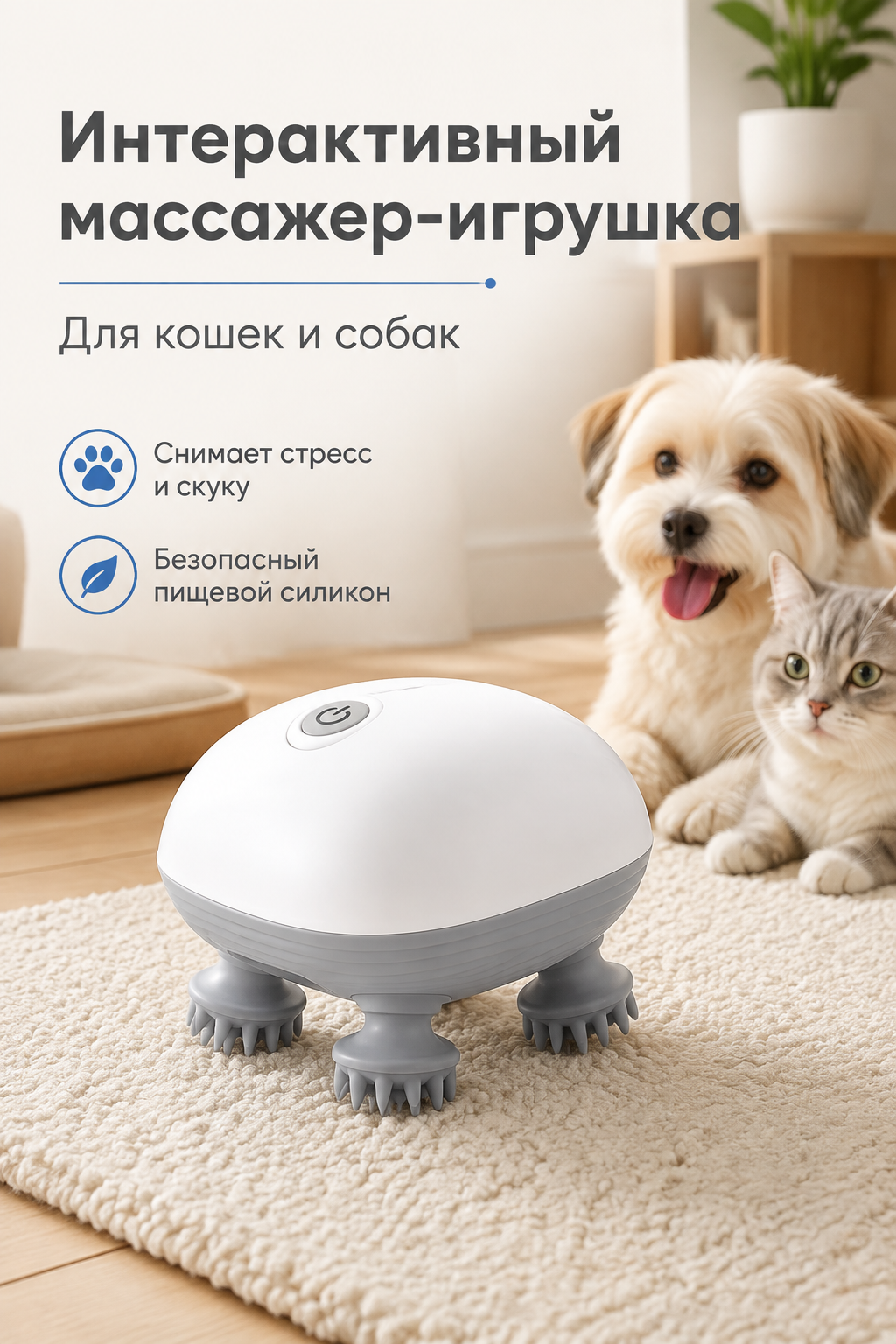 Интерактивный массажер-игрушка для кошек и собак с USB-зарядкой, пищевой силикон, 2000 мАч