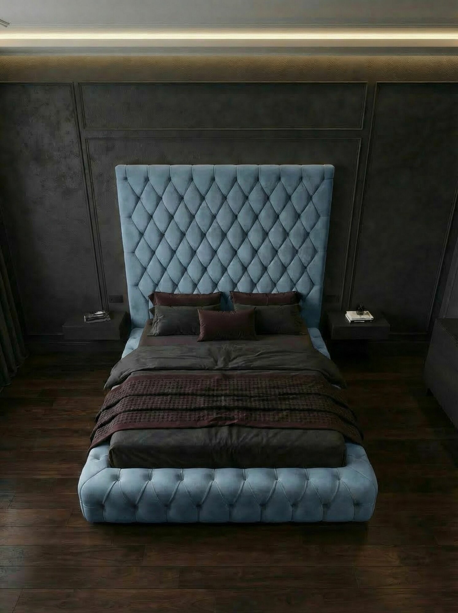Двуспальная кровать 180x200, Decoro, с мягким изголовьем, с ящиком, велюр, синий
