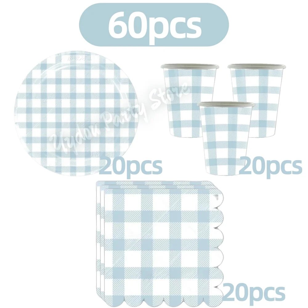Набор для вечеринки в стиле синей клетчатой ткани 60pcs