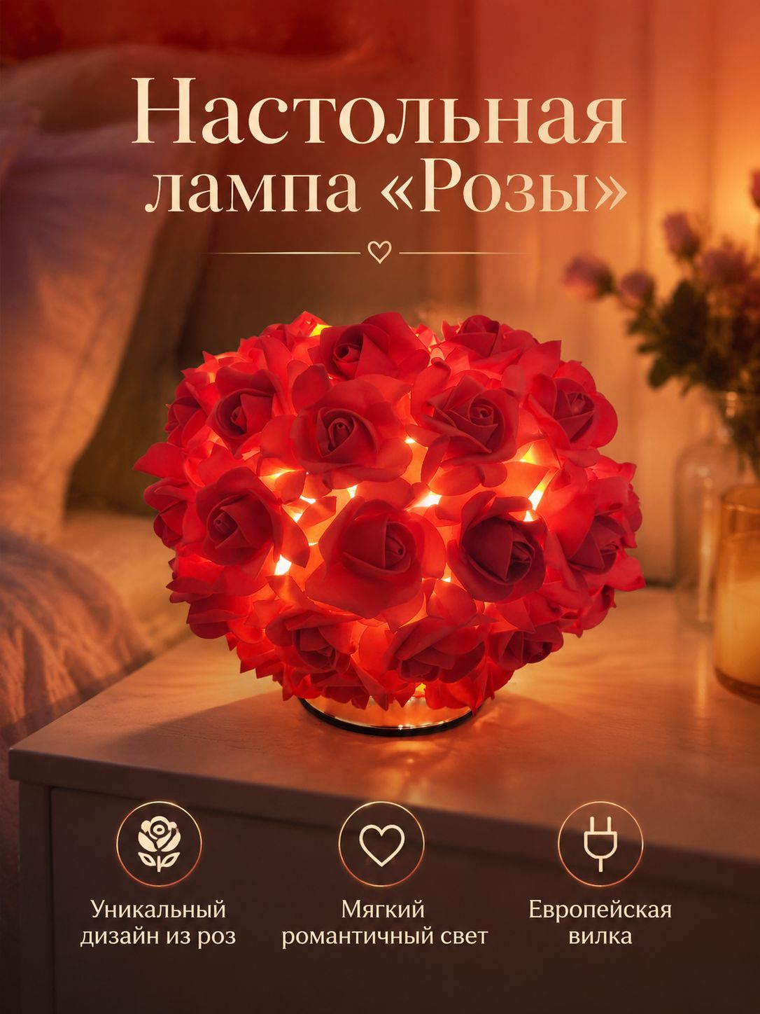 Настольная лампа с розами в форме шара, декоративный светильник с золотым основанием, красный, европейская вилка