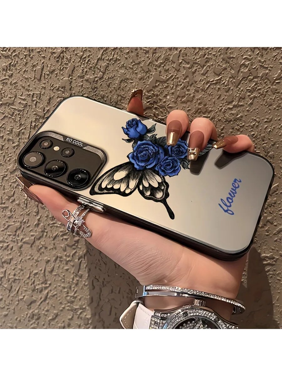 Чехол на IPHONE 11 черный Голубая розовая бабочка
