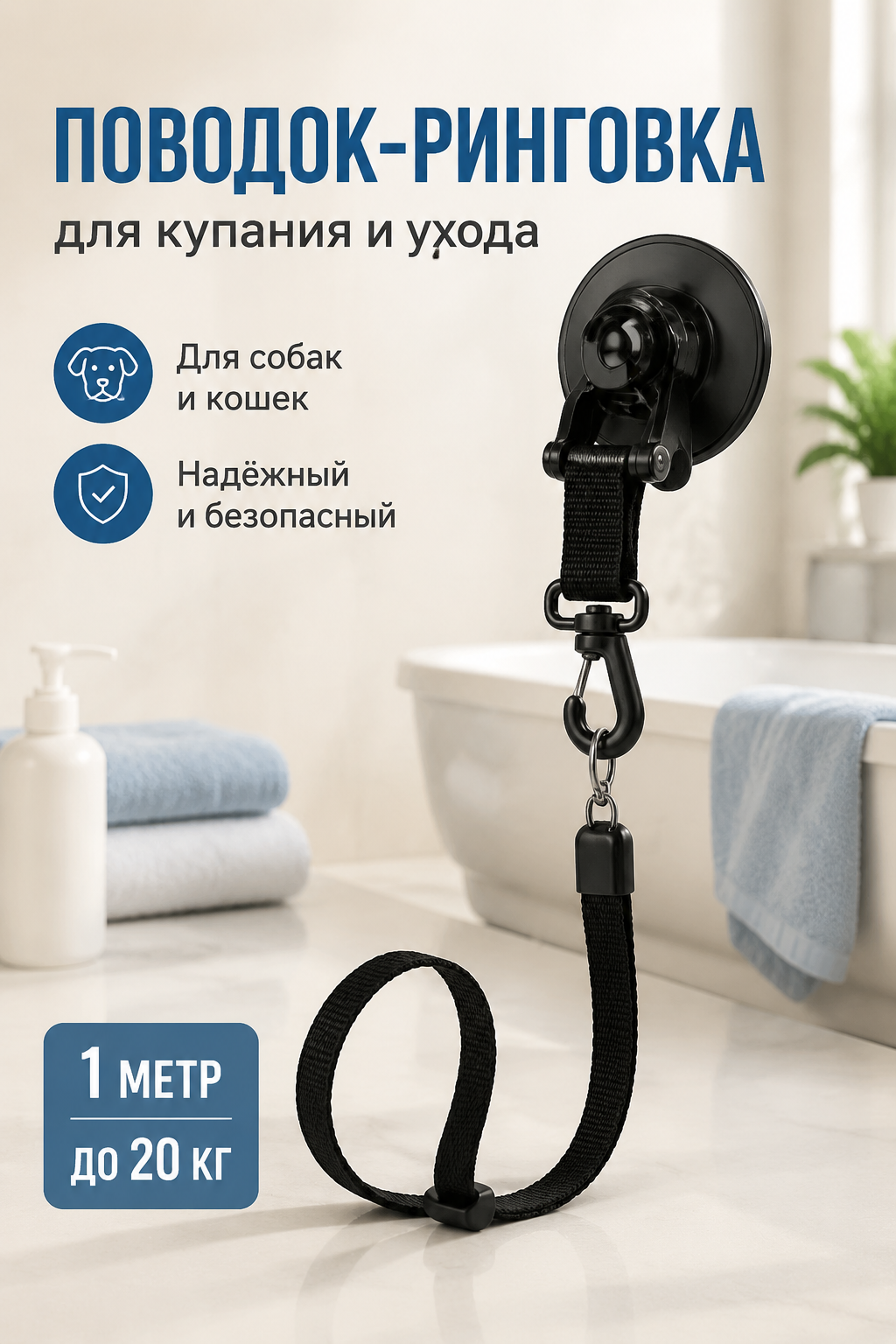 Поводок-ринговка для купания и ухода за собаками и кошками, 1 м, до 20 кг
