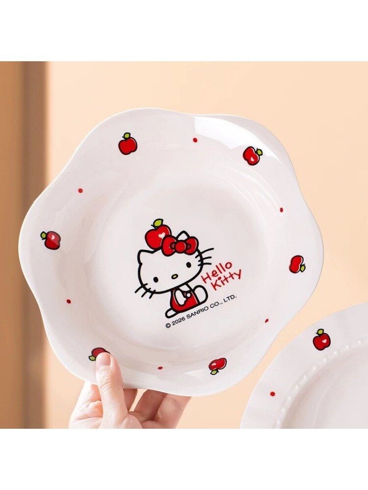 Керамическая тарелка с принтом Hello Kitty, цветочный край, детская десертная тарелка 20.5см