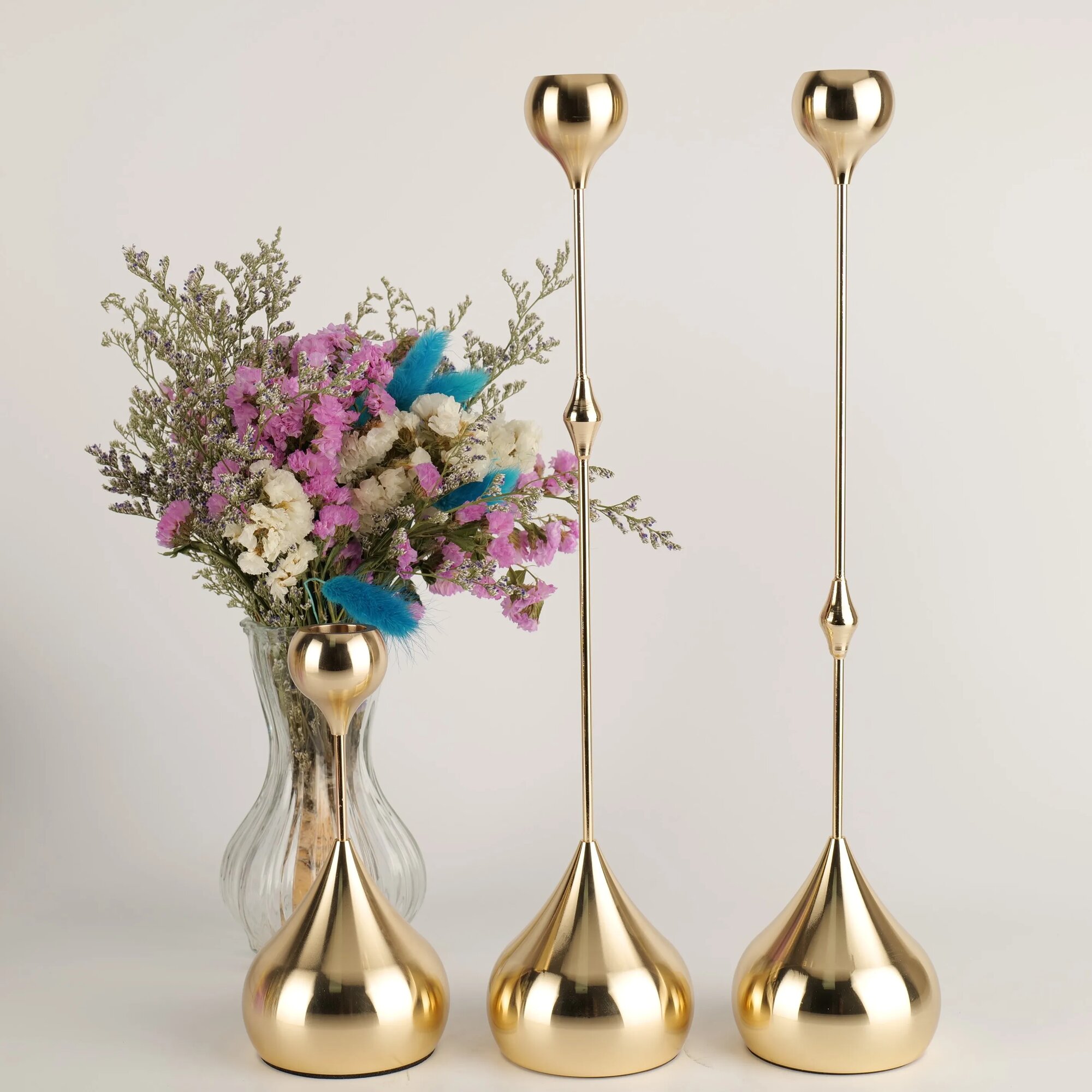 Подсвечники набор 3 шт. золотой, серебряный, черный Бежевый, Golden