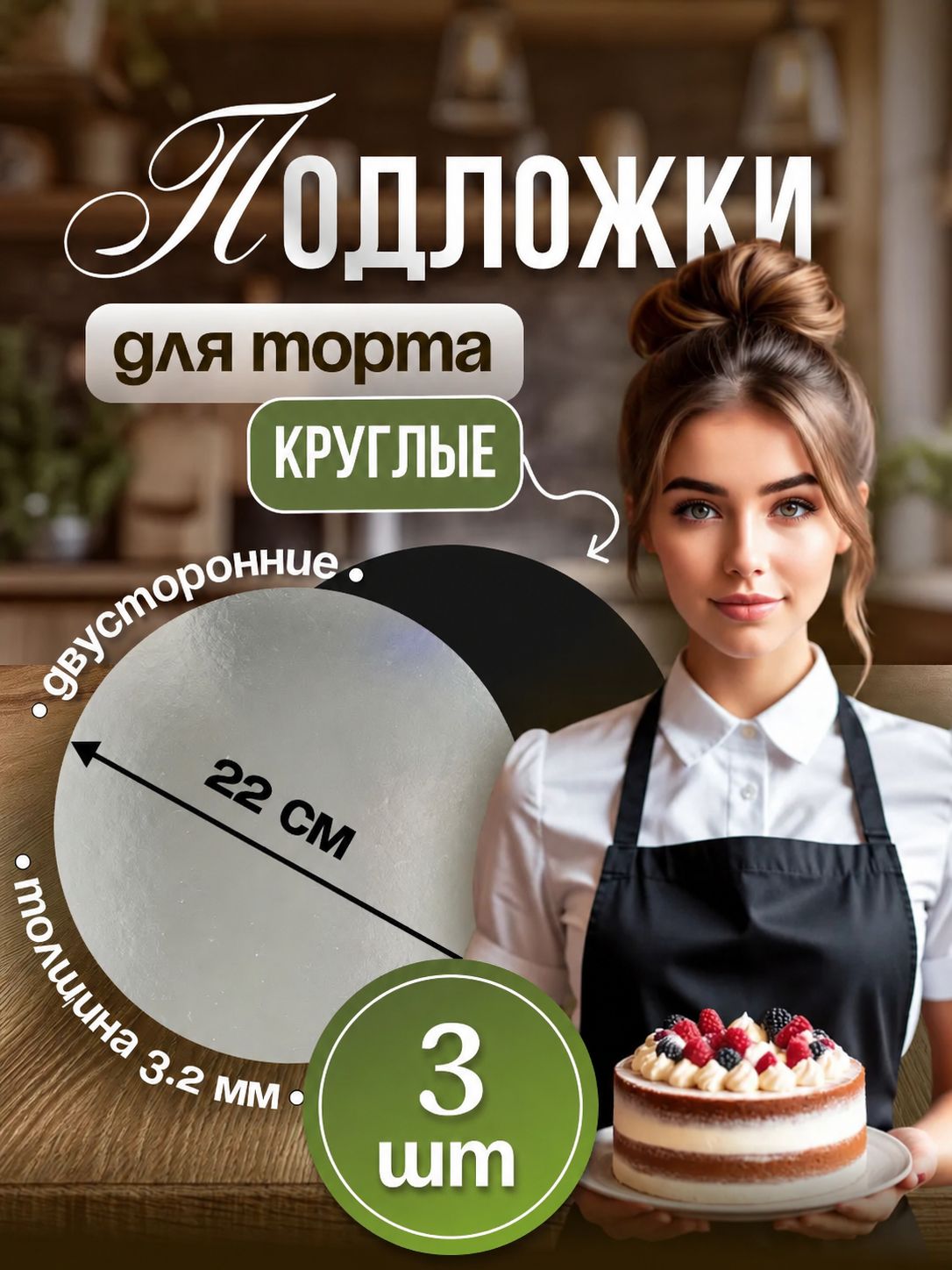 Подложка для торта усиленная 3,2 мм. круглая 22см 3шт