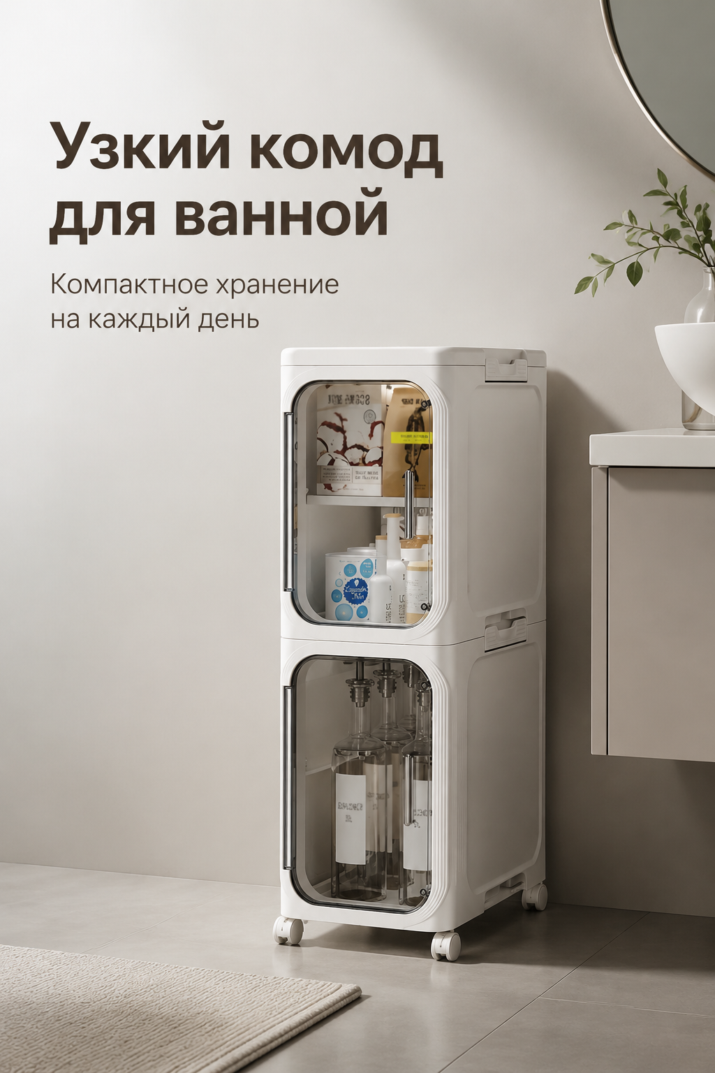 Пластиковый узкий комод для ванной 20×33×67 см с ящиками и съемными полками
