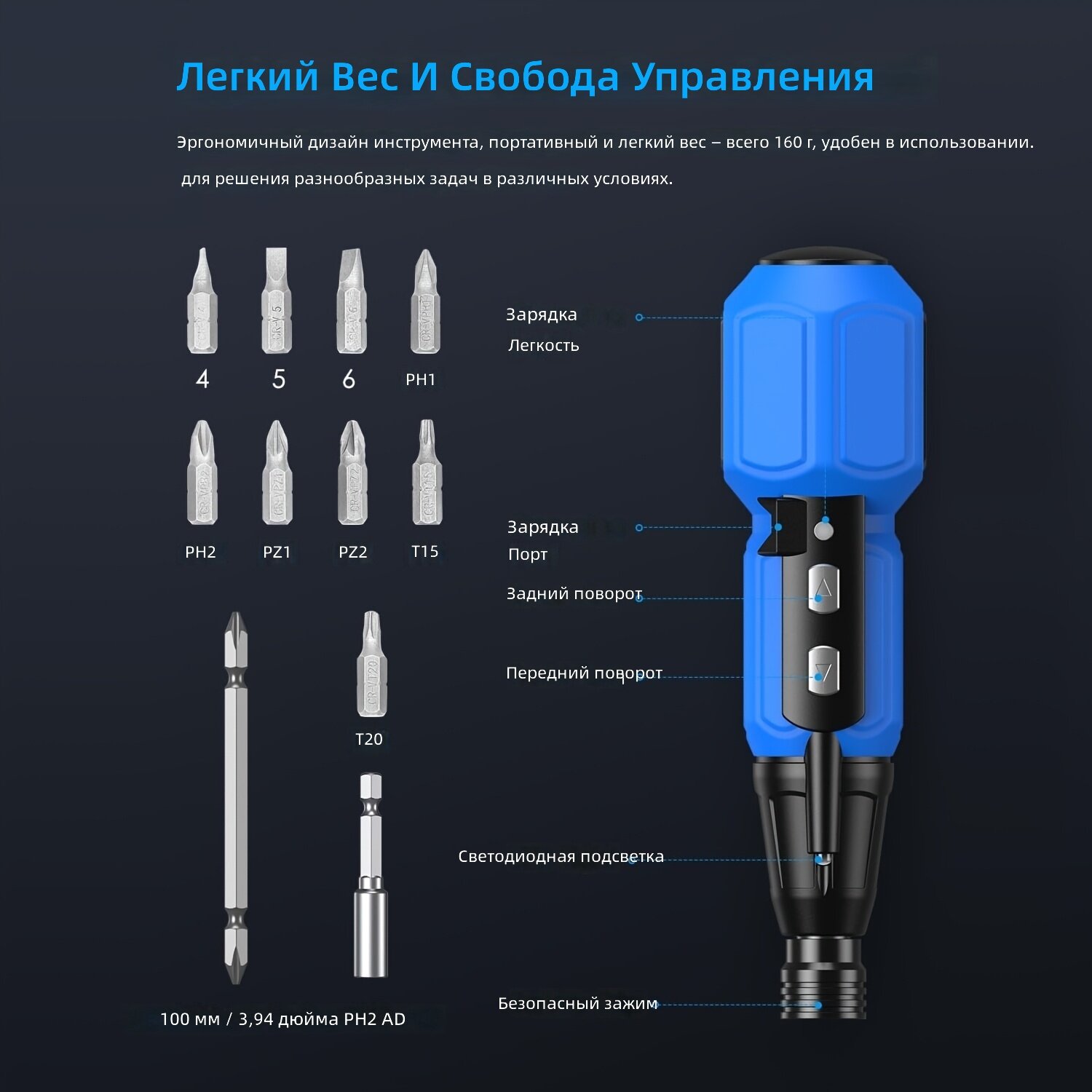 Беспроводная электрическая отвертка 3.7В со светодиодной подсветкой, набор инструментов для ремонта ноутбуков и ПК, синий цвет
