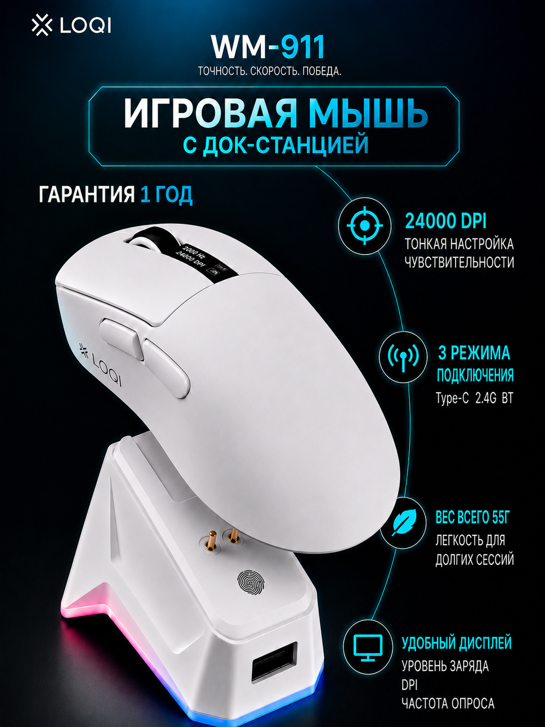 Компьютерная игровая мышь беспроводная LOQI WM-911 USB + Bluetooth белая