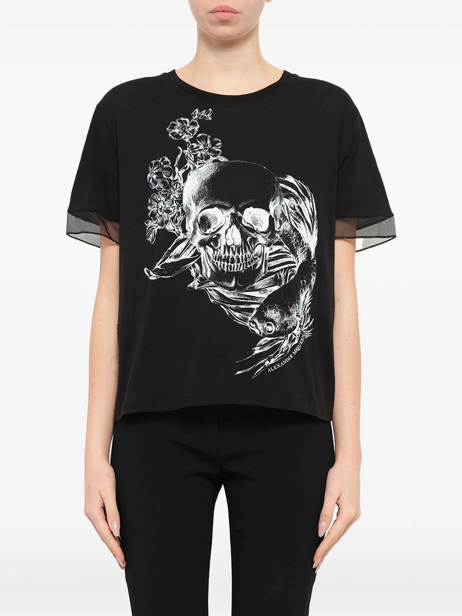 Футболка Alexander McQueen Fish Skull-printed sheer-trim T-shirt