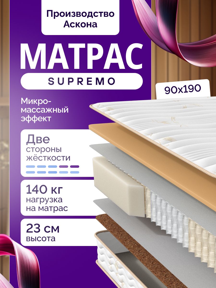 Анатомический матрас, Ортопедический матрас 90х190 см Supremo, Зональный блок