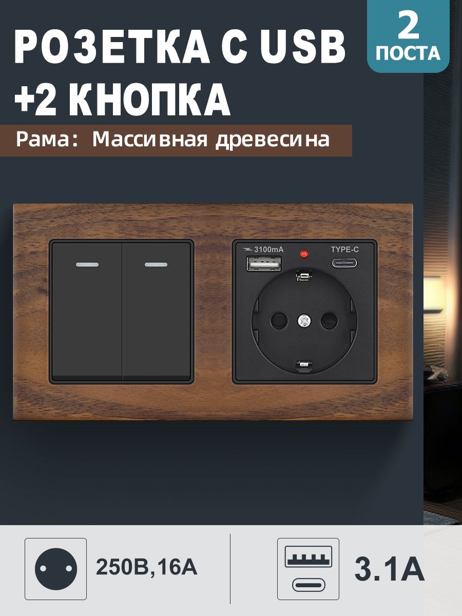 Встраиваемая розетка с USB и Type-C, 3.1А, с двухклавишным выключателем и подсветкой, черная, 153x82 мм
