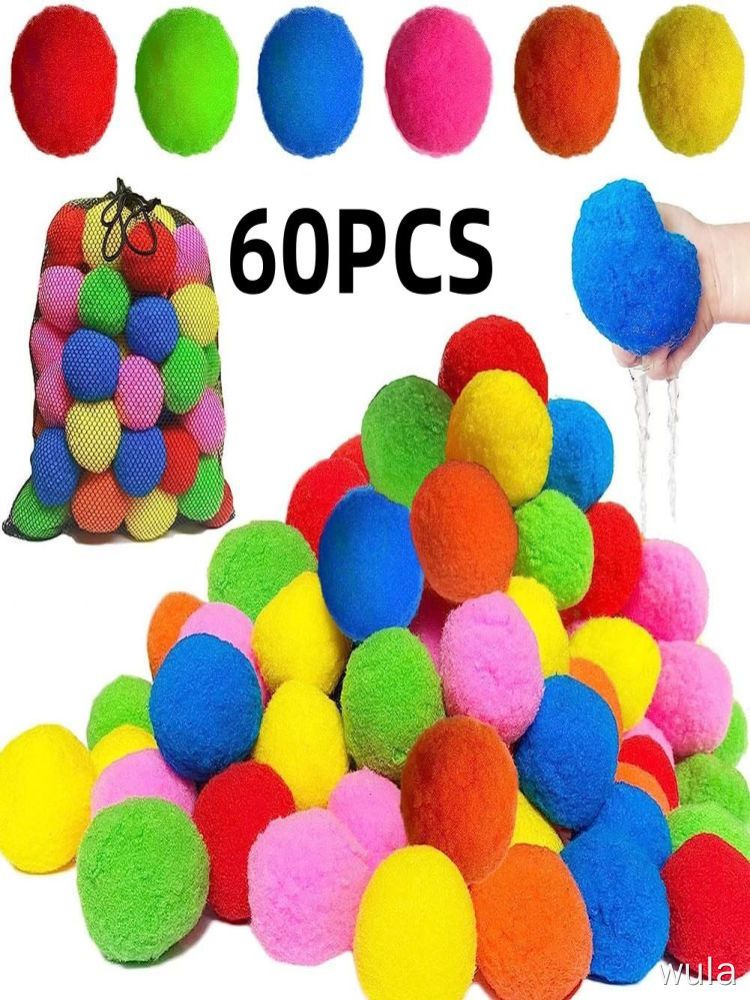 Мячи водяные 60 шт разноцветные губчатые для бассейна и игр на свежем воздухе с сумкой шары
