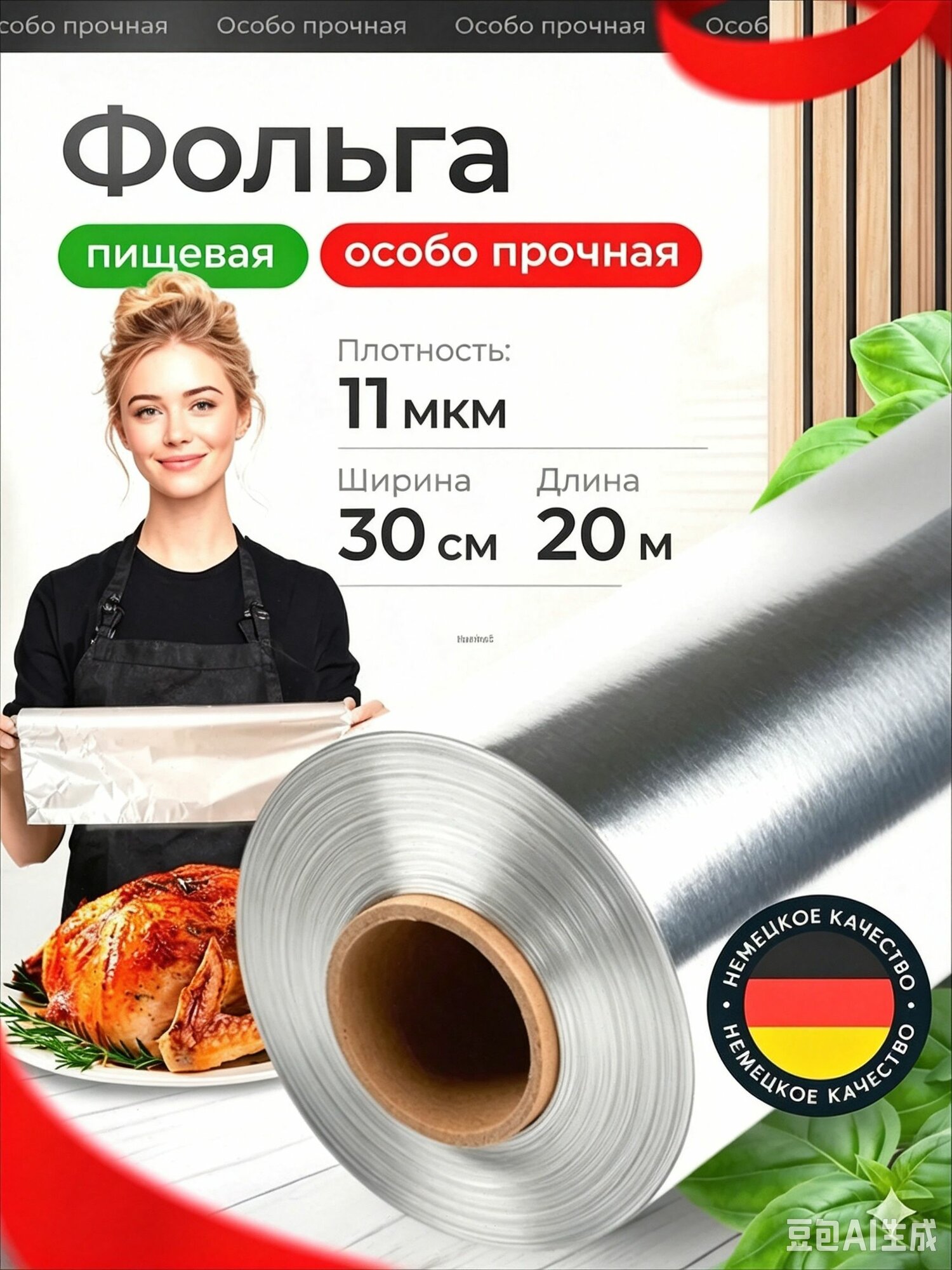 Фольга пищевая 20 м х 30 см, 11 мкм, 1 шт