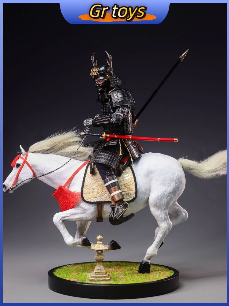 D12TOYS D12-006B Шарнирная фигурка в масштабе 1/12: Санада Юкимура Самурай (в доспехах из черного металла) Делюкс-издание (фигурка + боевой конь)