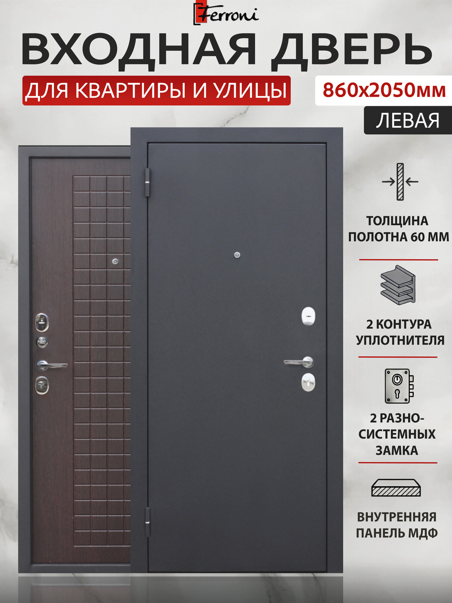 Входная дверь Ferroni Гарда Черный Муар - Венге (860мм) левая