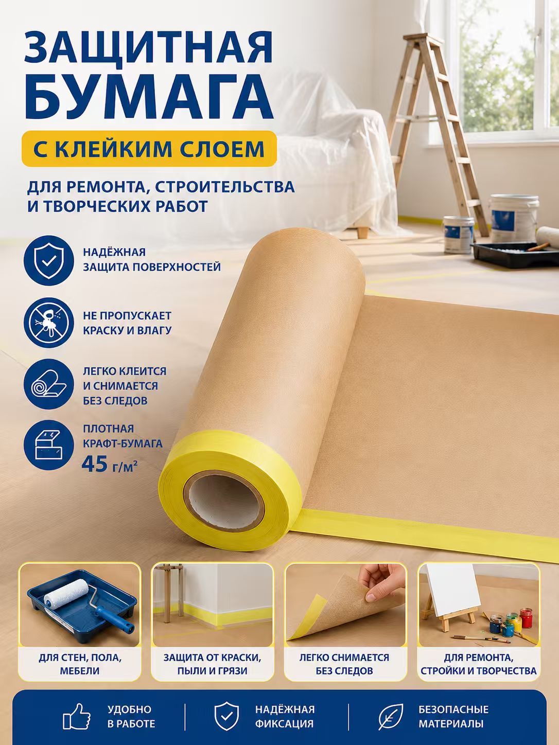 Бумага укрывная с малярной деликатной желтой лентой PREMIUM (300мм*20м)
