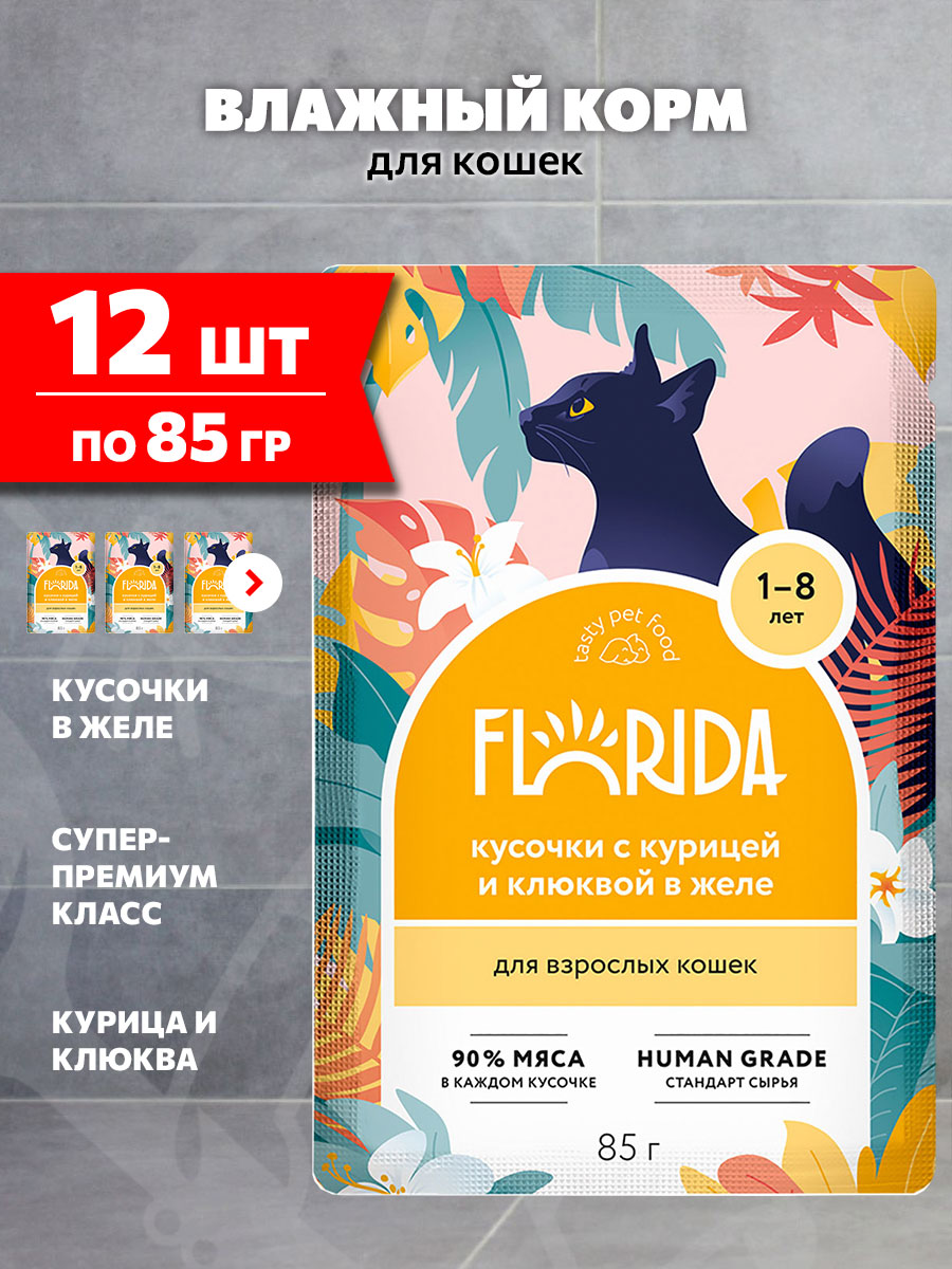 Корм влажный Florida для взрослых кошек, курица и клюква в желе, 85 г 12 шт