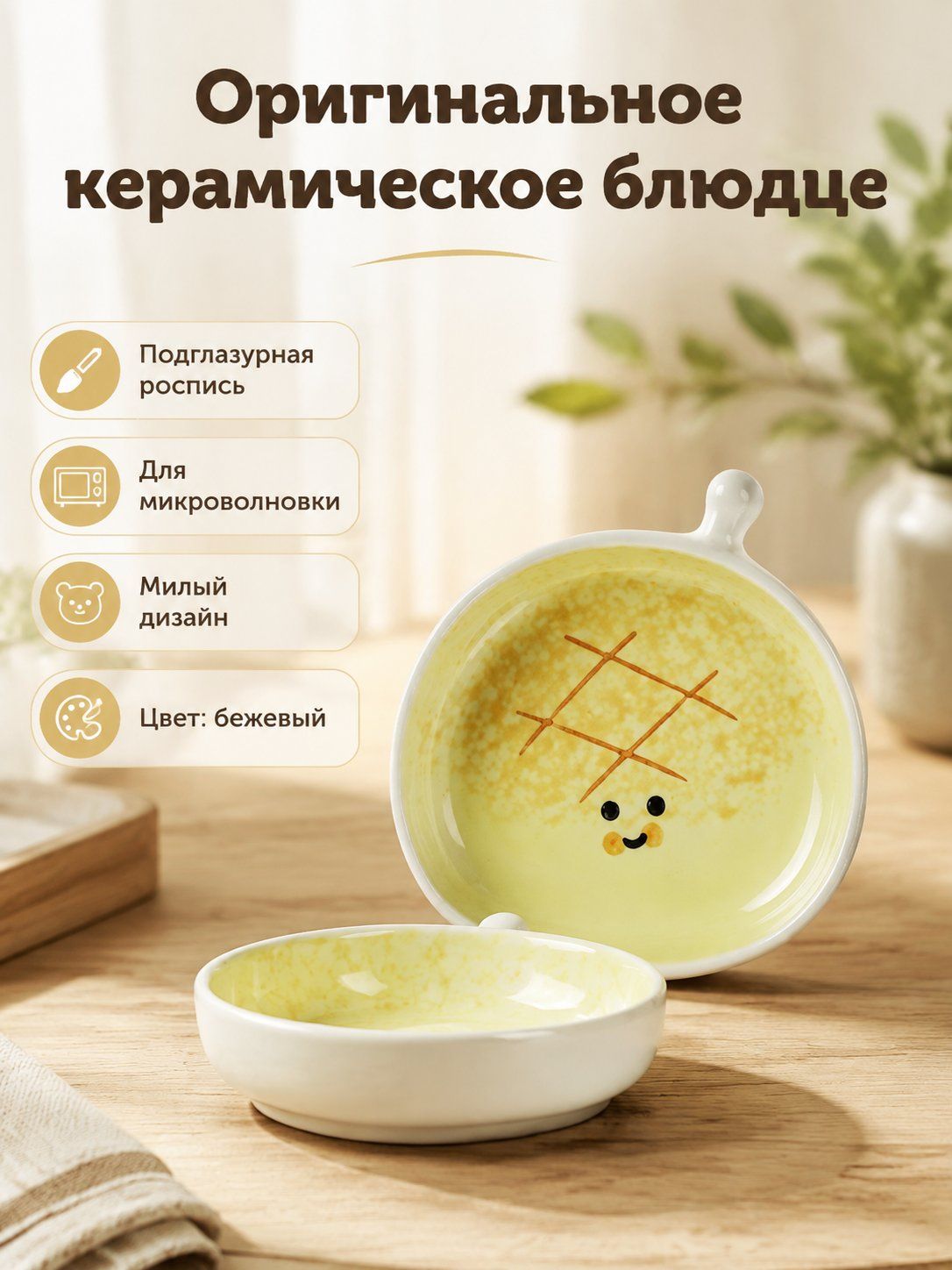 Блюдце керамическое для соуса с принтом булочек, маленькая тарелка для джема, мёда, орешков, закусок и специй