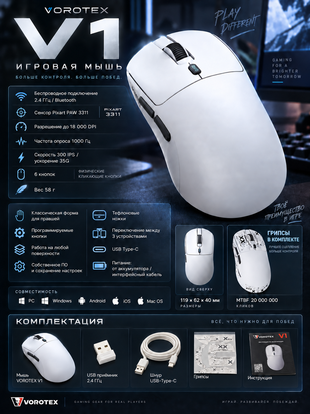 Мышь VOROTEX V1, PAW3311, беспроводная, оптическая, 6 кнопок, белый