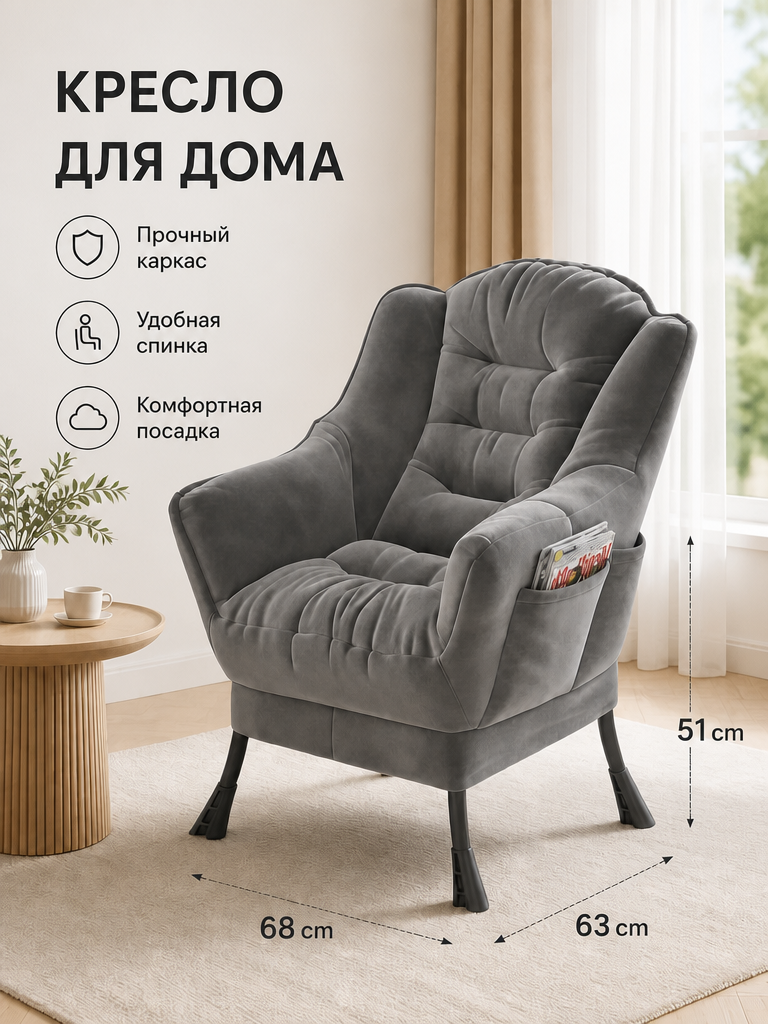 Мягкое кресло для отдыха из искусственной замши, тёмно-серый, металлический каркас, для спальни и гостиной