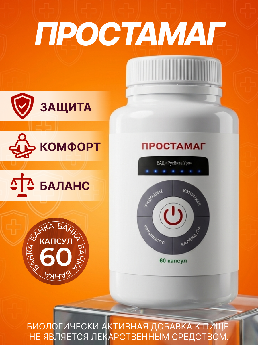 БАД Русвита Уро. Простамаг: Растительная поддержка мочеполовой системы и мужского здоровья, банка 60 капсул