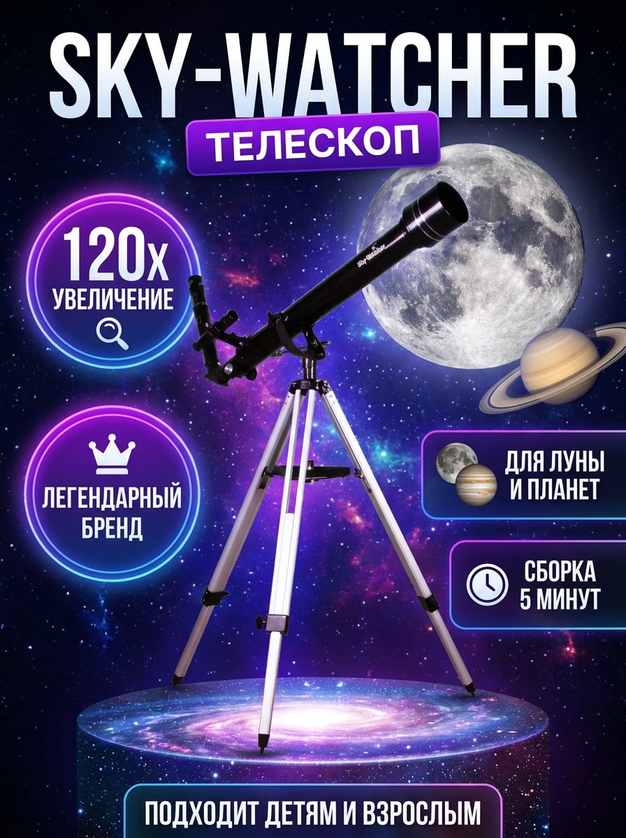 Телескоп Sky-Watcher Mercury 60/700 AZ2 для начинающих, детский/взрослый, рефрактор, 120x, тренога, окуляры, линза Барлоу, ручной, для Луны/планет, простая AZ2 монтировка
