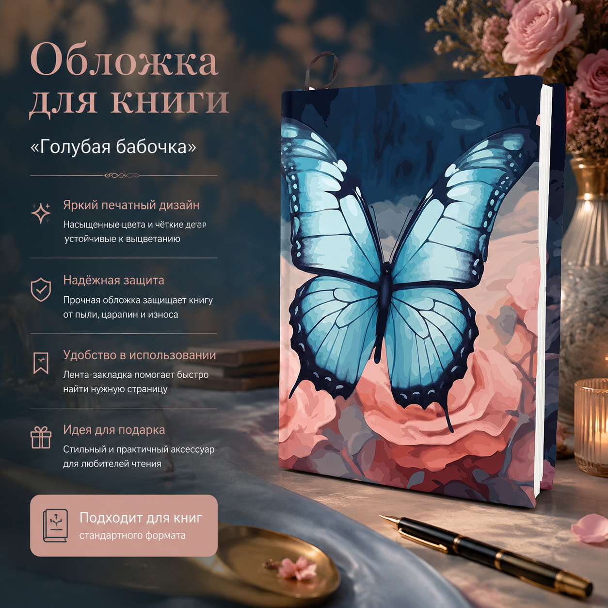 1 шт, эластичный чехол для книги с синей бабочкой и розовыми розами, многоразовый, большой, нейлоновый, полиэстеровый, стираемый