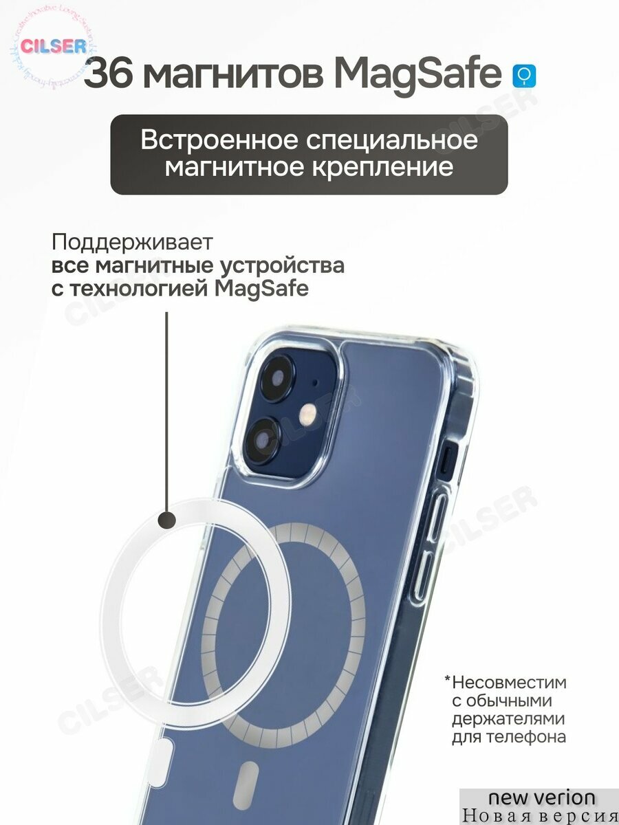 Магнитный чехол на iPhone 13 Mini магсейф (на айфон 13 мини) с поддержкой MagSafe / прозрачный, противоударный