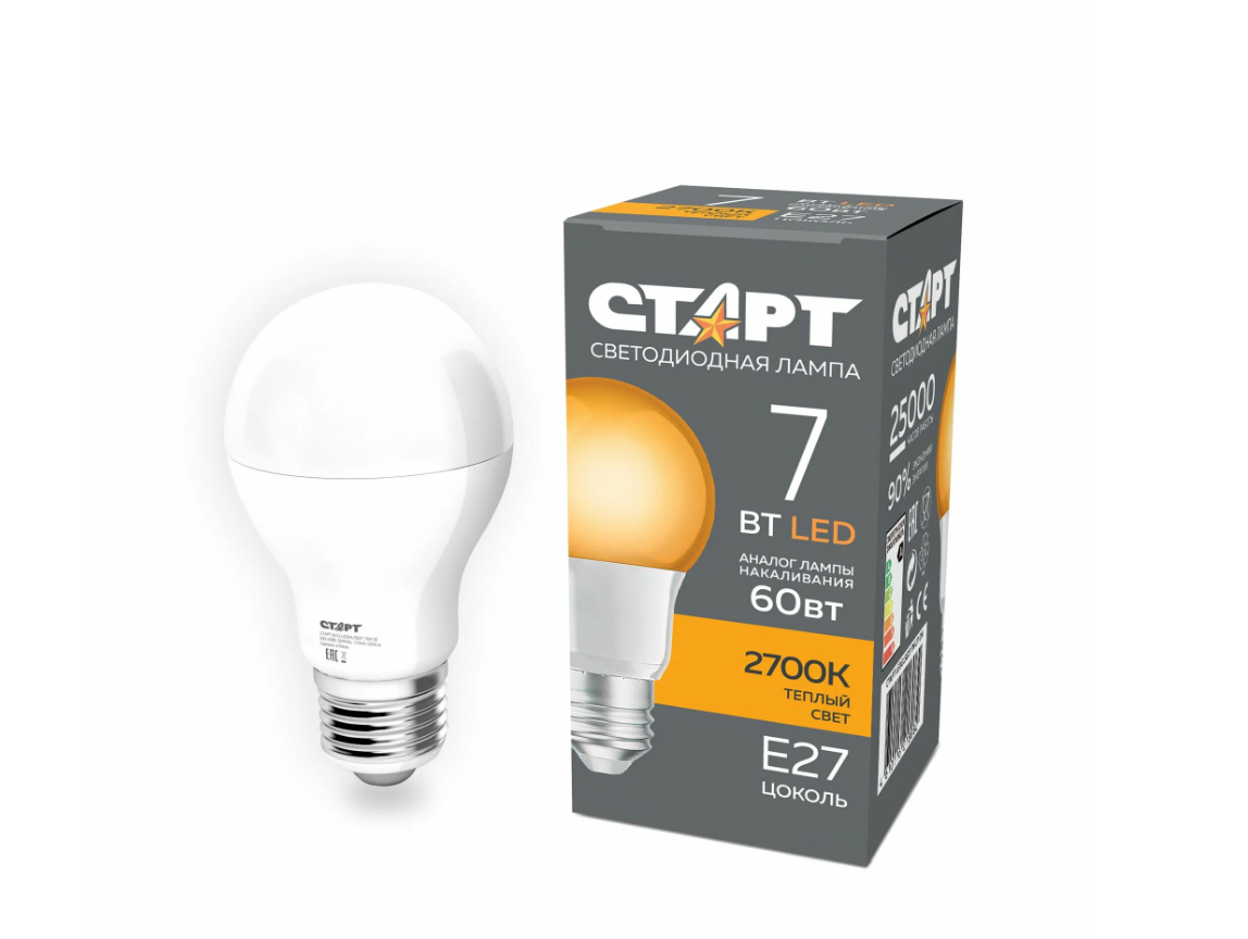 Лампочки светодиодные Е27 Cтарт, "груша", 7Вт, 2700К тёплый свет