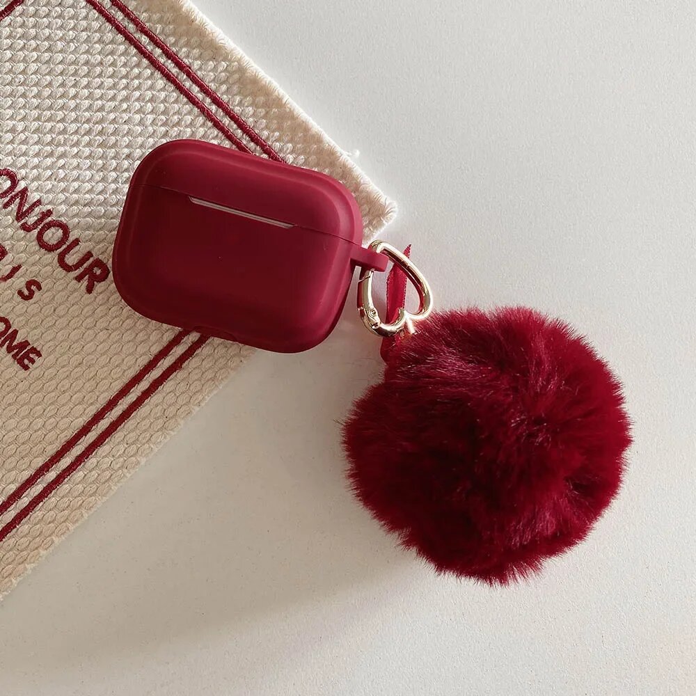 Винно-красный мягкий плюшевый чехол для наушников с пушистой сферой для AirPods 4 3 2 Pro 2, корейский милый силиконовый защитный чехол для air pods, чехол