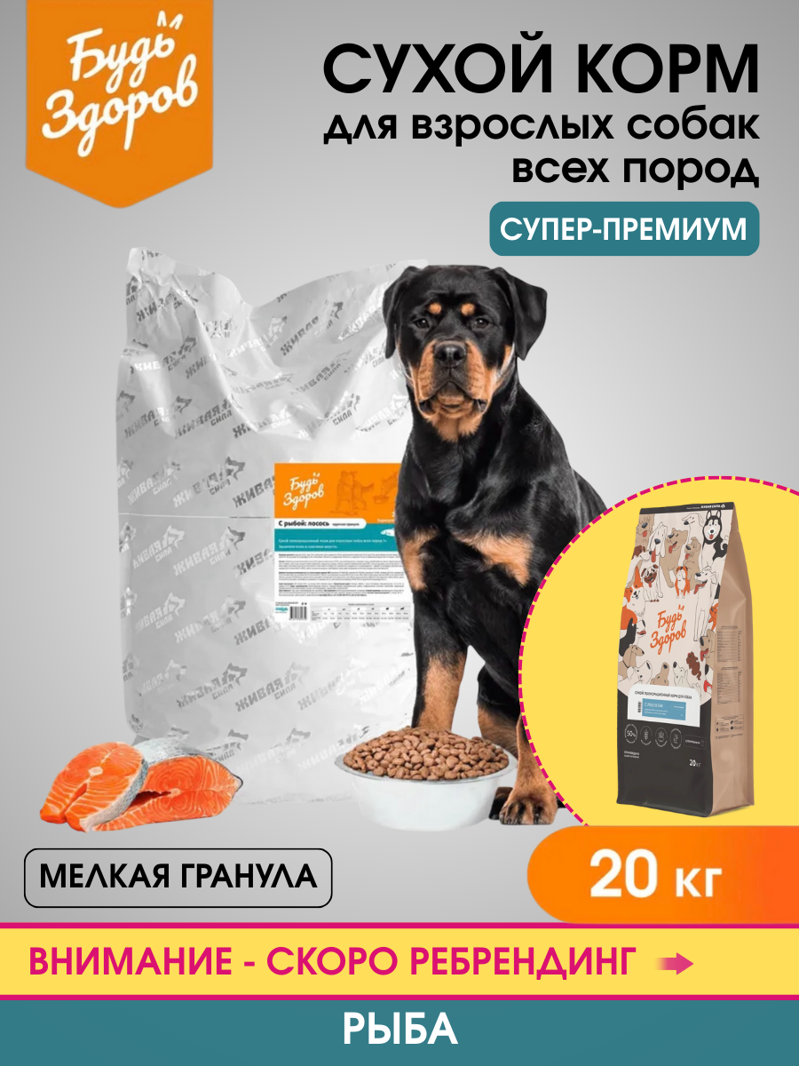 Живая Сила Будь Здоров сухой корм с рыбой для взрослых собак всех пород. Здоровая кожа и красивая шерсть. Мелкая гранула 20 кг