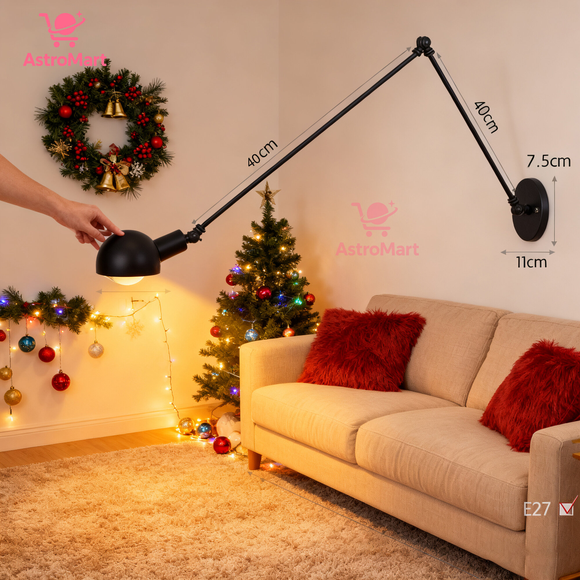 Настенный светильник на длинной ножке в стиле ретро-индастриал из металла, современный, складной и раздвижной, 40+40 см, в комплекте с источником света.