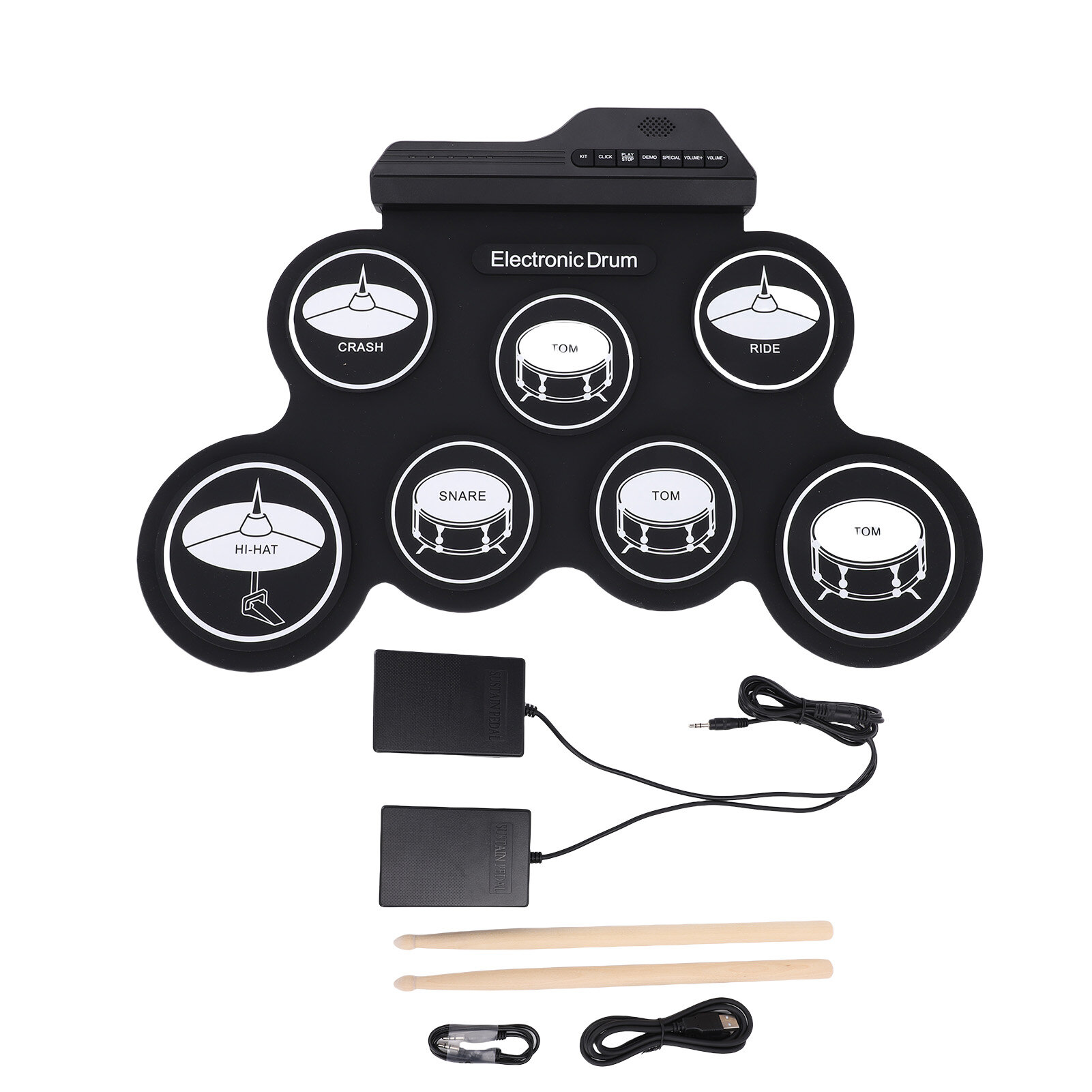 Портативная электронная барабанная установка с силиконовыми элементами, встроенным динамиком, 7 пэдами, 5 тембрами, 8 демонстрационными треками, MP3-входом, барабанными палочками и ножной педалью. Подходит для детей и начинающих.