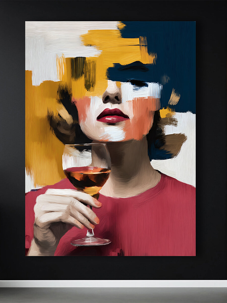 Картина интерьерная - "Абстрактное лицо девушки с болкалом вина, минимализм, масло" , 40х60 см.