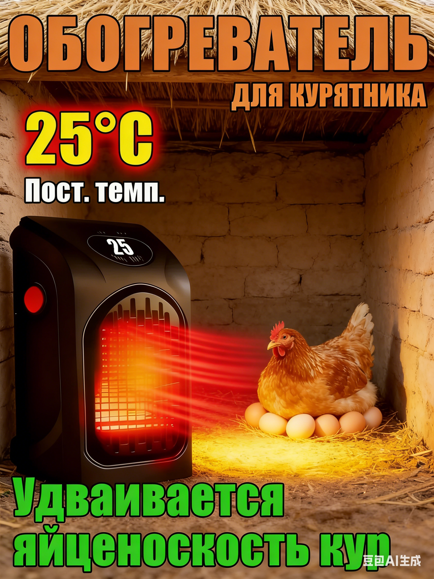 Безопасный обогреватель для курятника. Чёрный, габариты 20×20×10 см, работает от розетки.