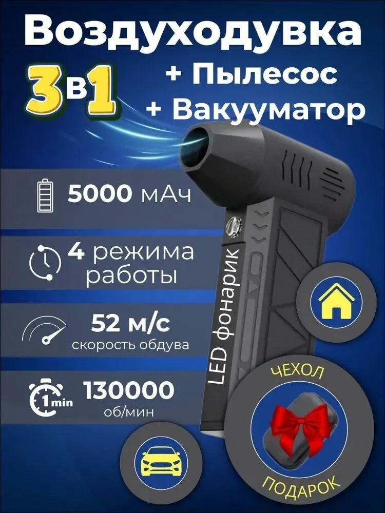 Воздуходувка аккумуляторная портативная 3в1, Ветродуйка с функцией пылесоса , воздуходувка для компьютера, турбовентилятор