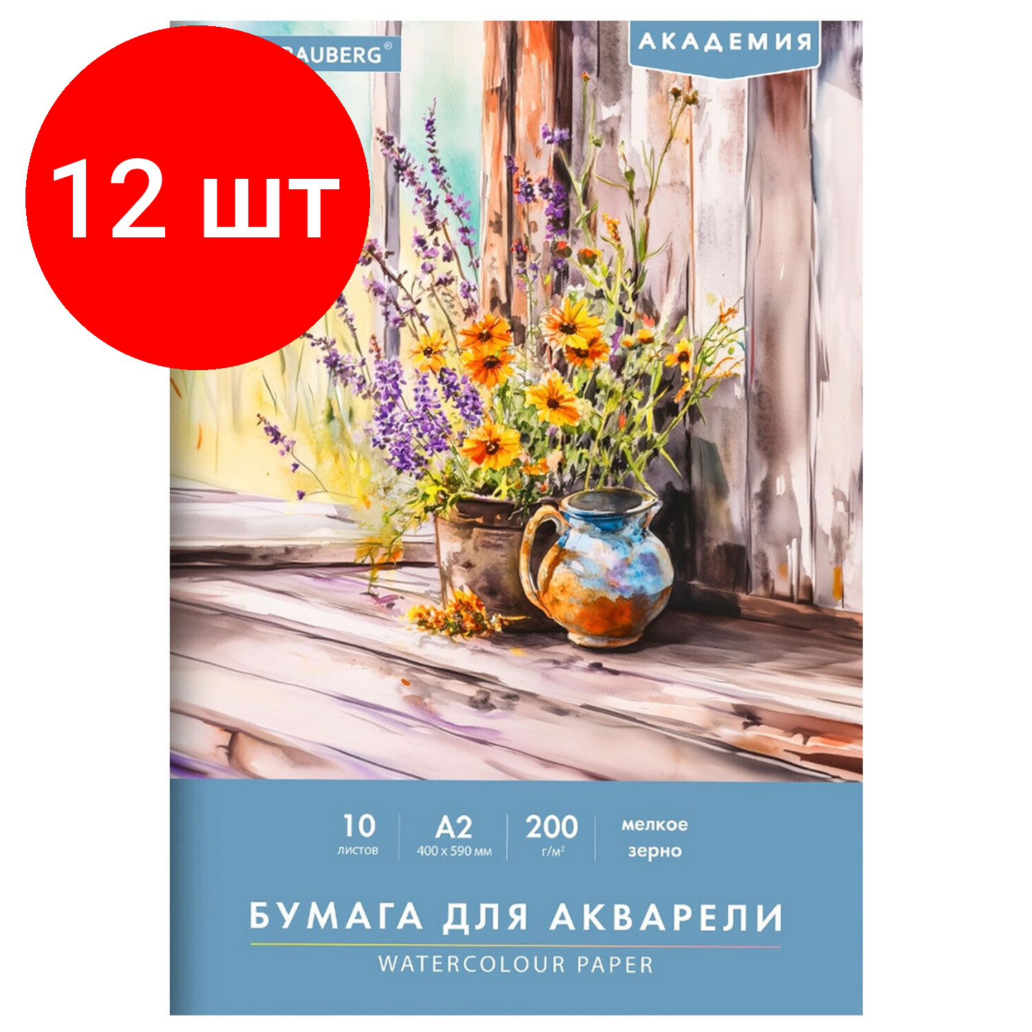 Комплект 12 шт, Папка для акварели большая А2, 10л, 200 г/м2, 400х590мм, BRAUBERG академия, "Полевые цветы", 117739