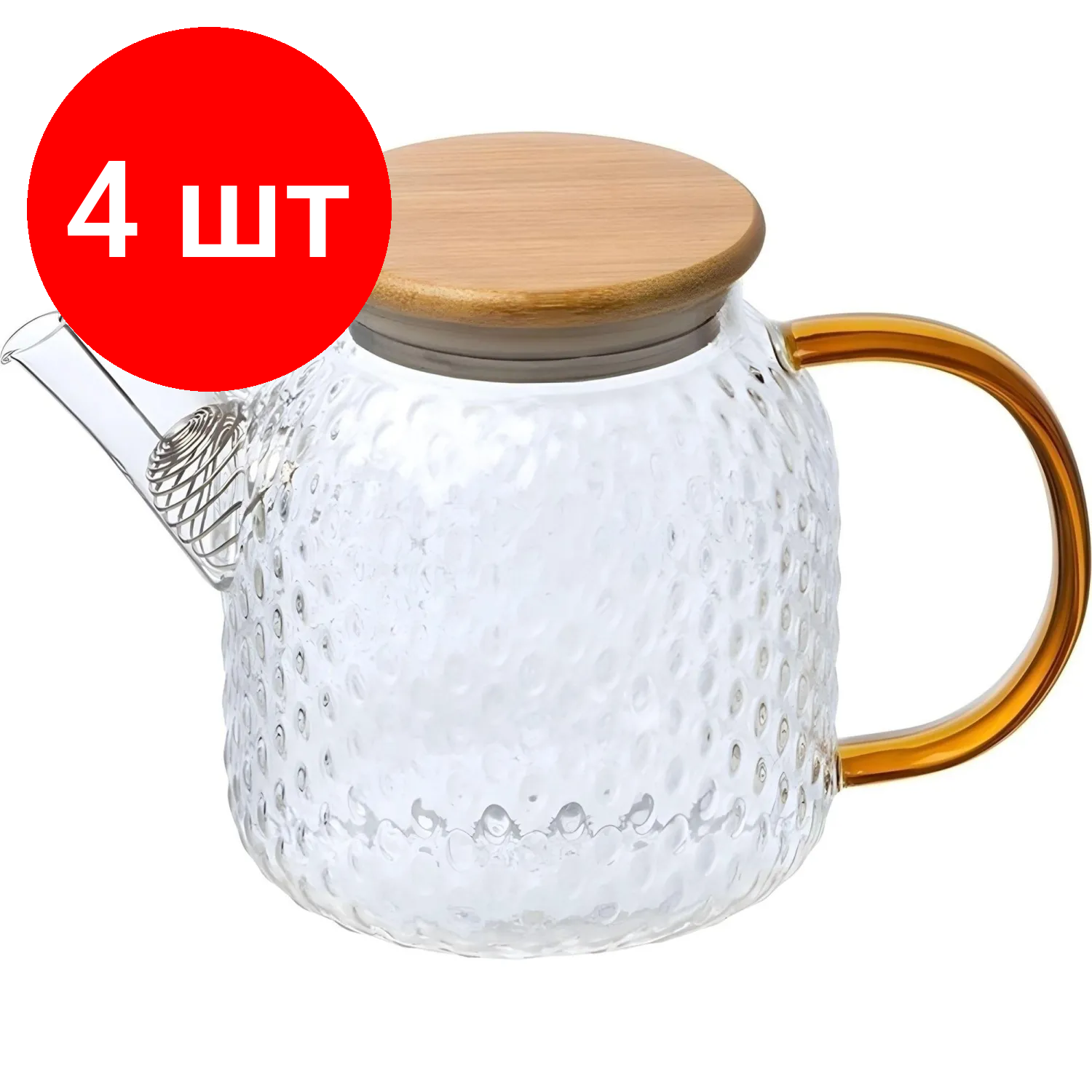 Комплект 4 штук, Чайник заварочный AROMA, объем 1л, из боросилик стекла, с крышк бамбук,105040