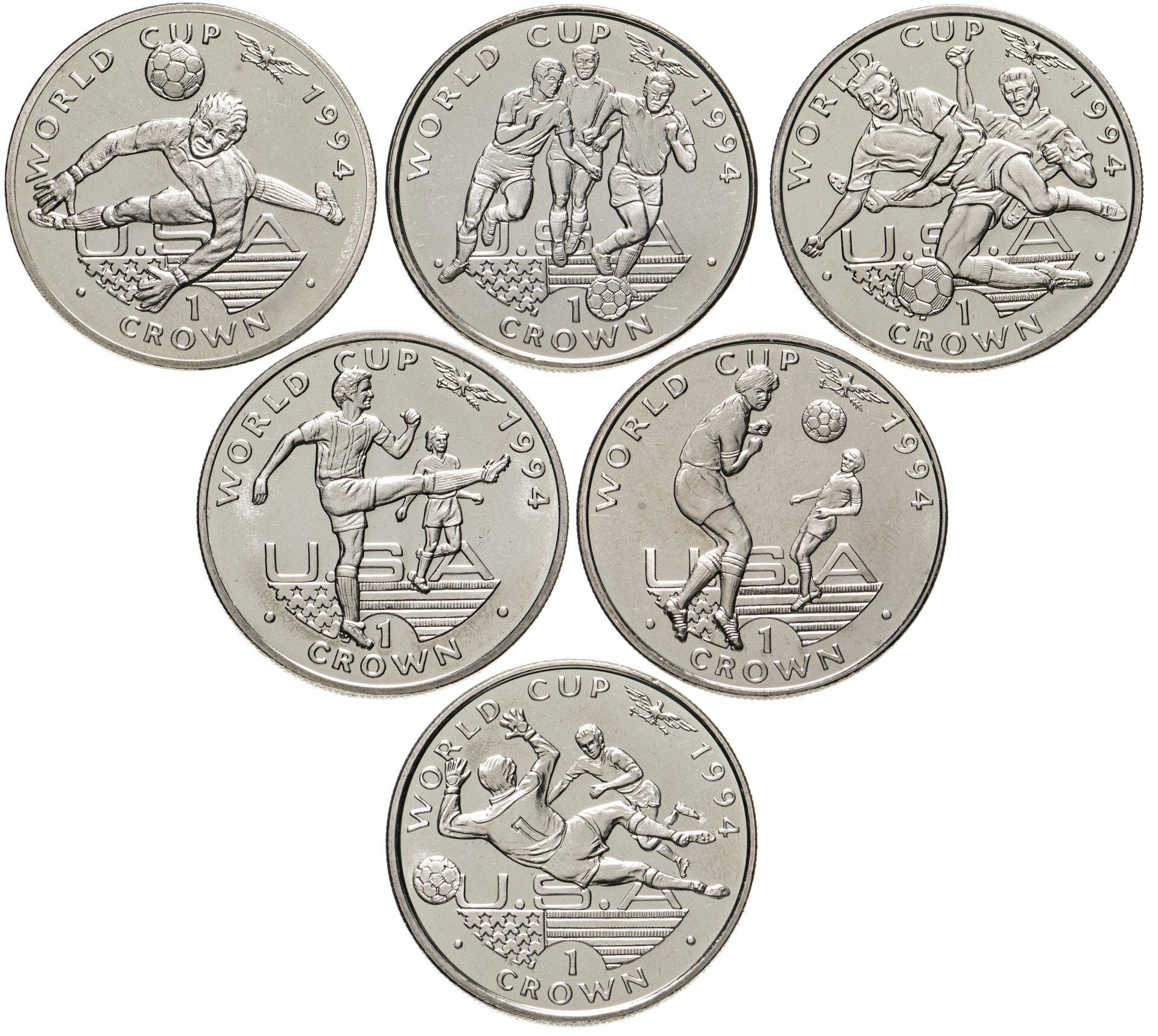 Набор 6 монет 1 крона crown 1994 Гибралтар Чемпионат мира по футболу 1994, Мельхиор медь-никель, в сохранности UNC