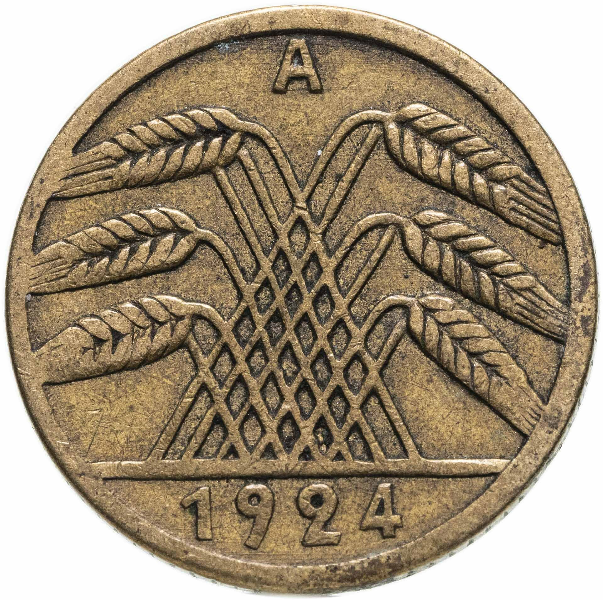 Германия 5 пфеннигов рентенпфеннигов, rentenpfennig 1924 A знак монетного двора "A" — Берлин, Бронза, в сохранности VF-XF
