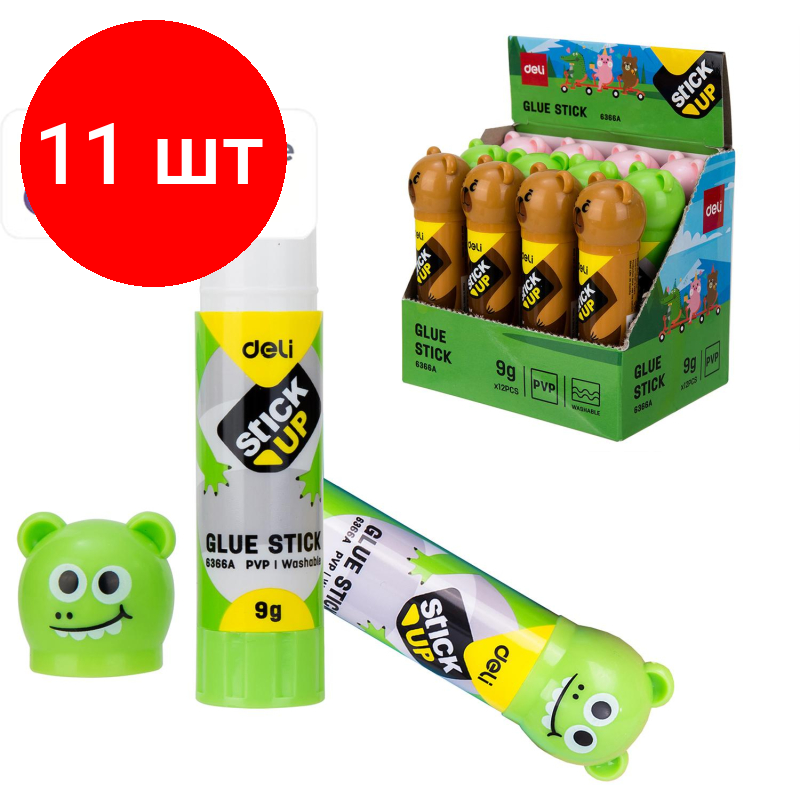 Комплект 11 штук, Клей-карандаш школьный 9г Deli с колпачком в форме зверька, ассорти E6366A